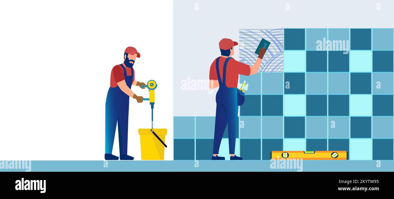 Vector of professional tilers installing tiles on a wall. Home ...