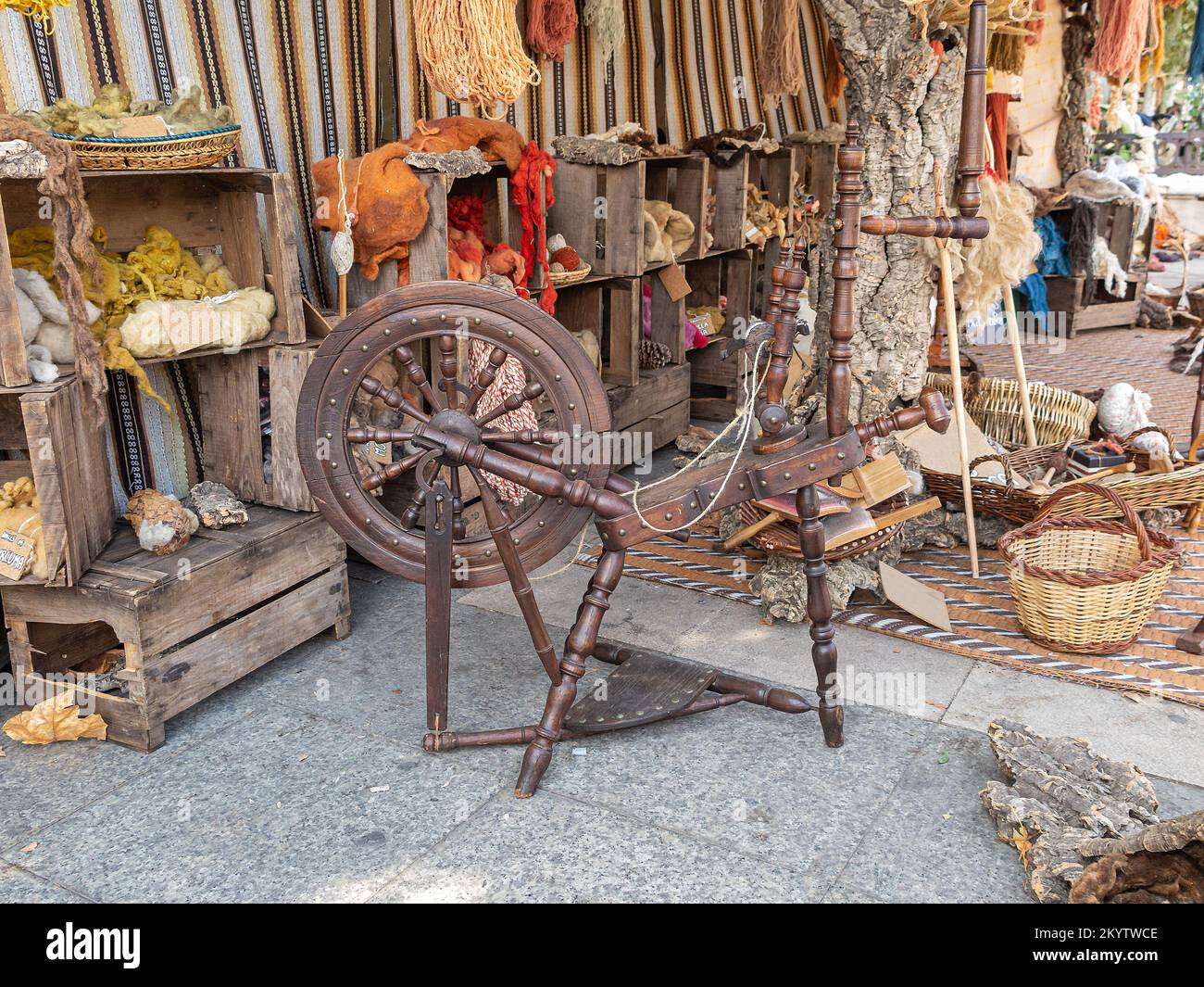 horizontal view of an outdoors shop of wools dyed with natural dyes and ...