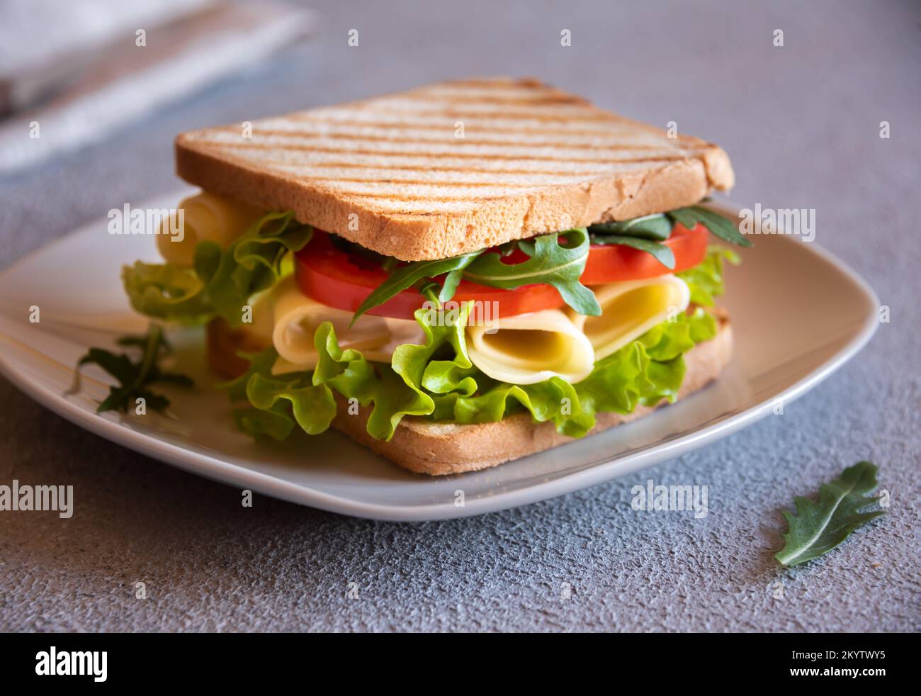 Delicious sandwich with toasted bread, lettuce, cheese and tomatoes ...