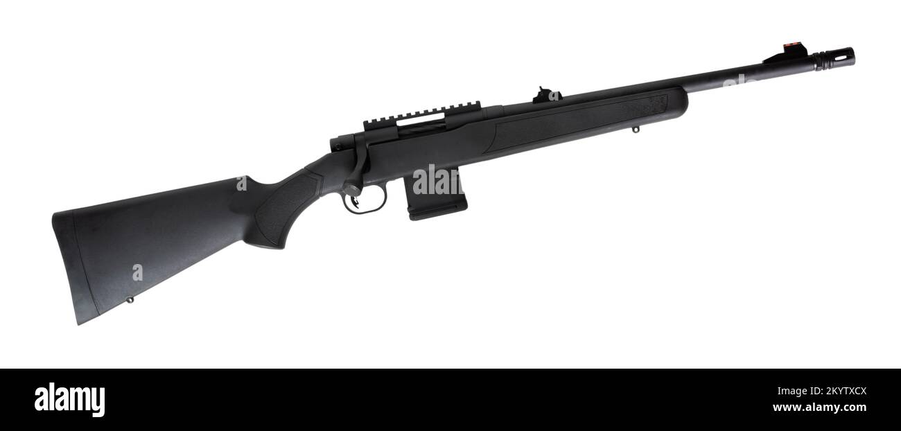 Black bolt action rifle with a rail fora rifle scope and iron sights ...