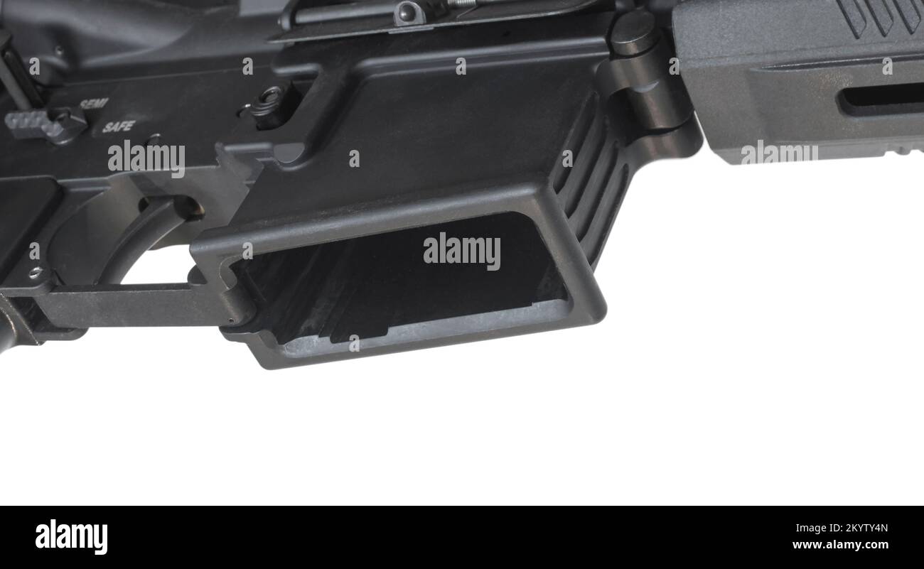 Magazine well empty on an assault rifle isolated on a white background ...