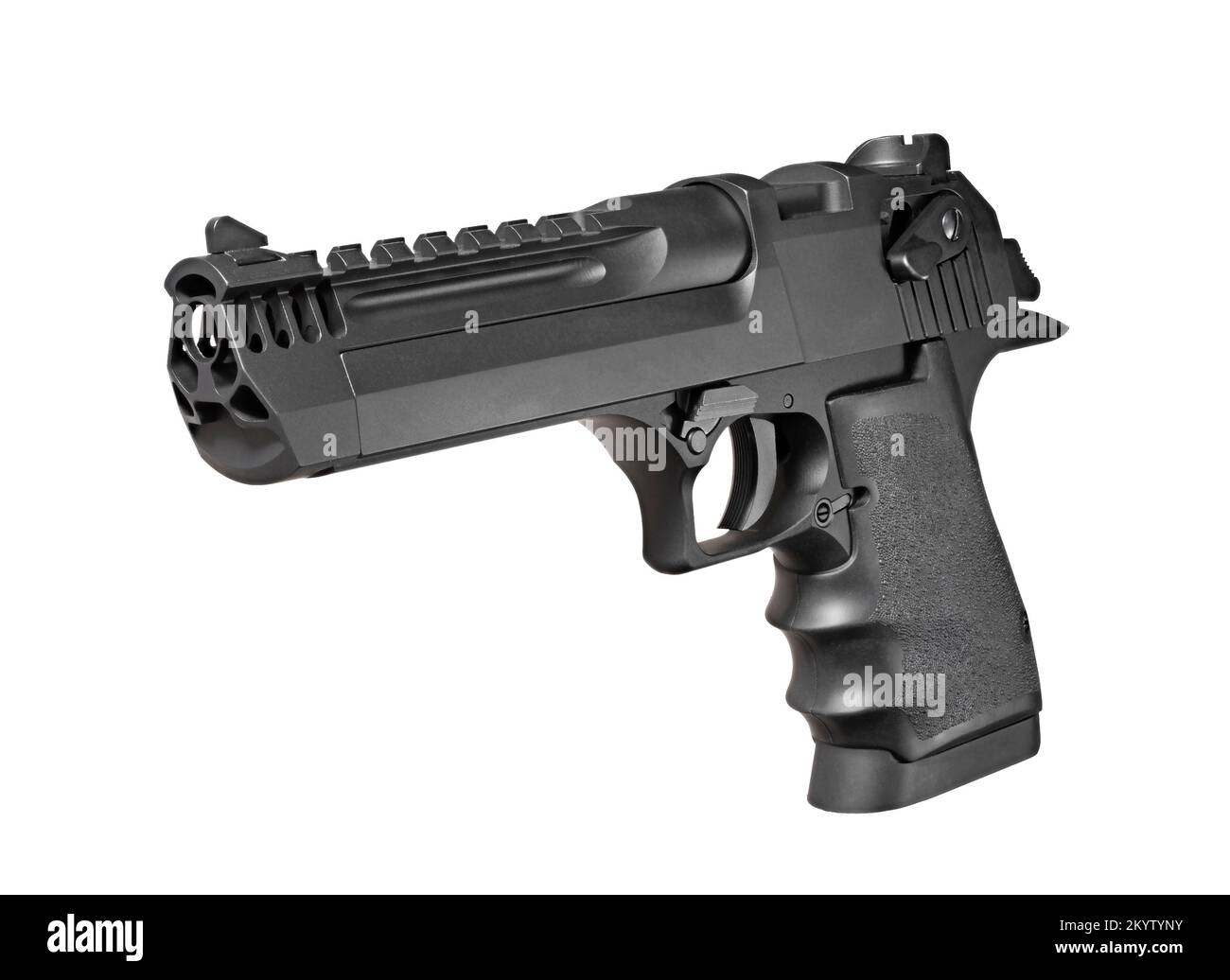 Quartering angle of a large semi automatic pistol isolated on a white ...