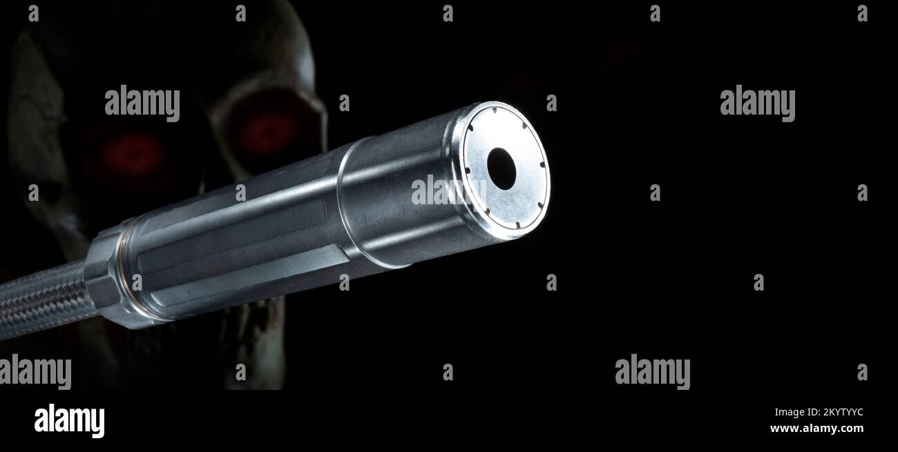 Red eyed skull with suppressor on a dark ba Stock Photo - Alamy