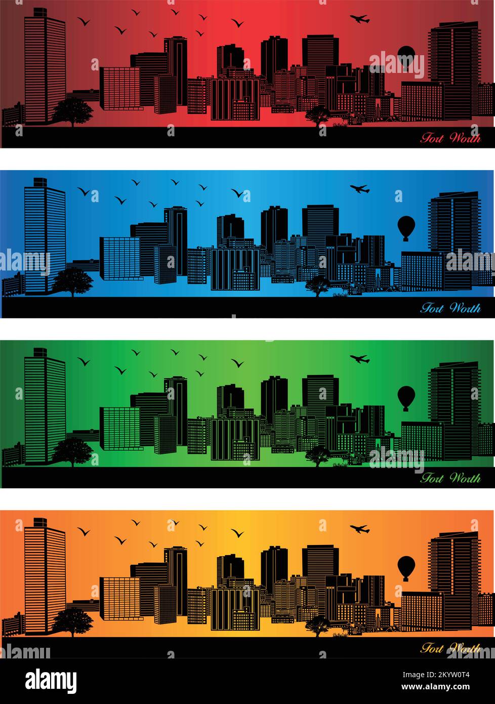Fort Worth city in a four different colors - illustration, Town in ...