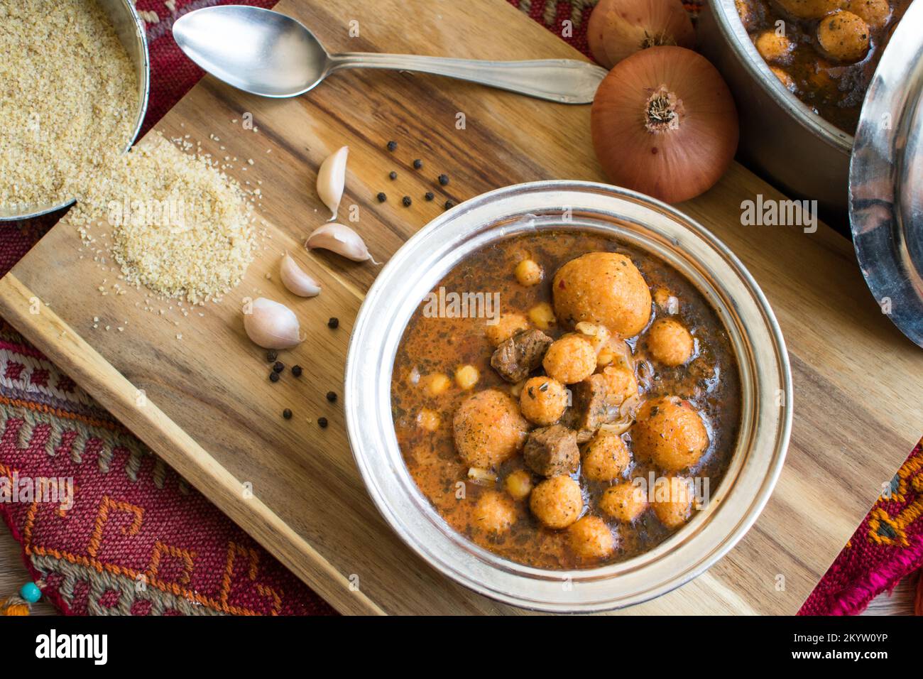 Traditional Turkish food; bulgur soup with minced meat "Anali Kizli ...