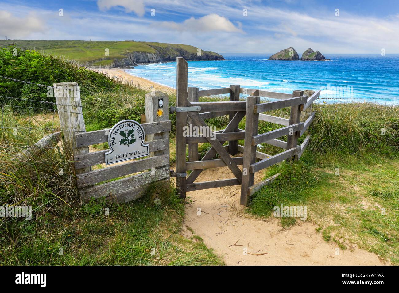 A National trust omega sign and a gateway at Holywell Bay, Cornwall ...