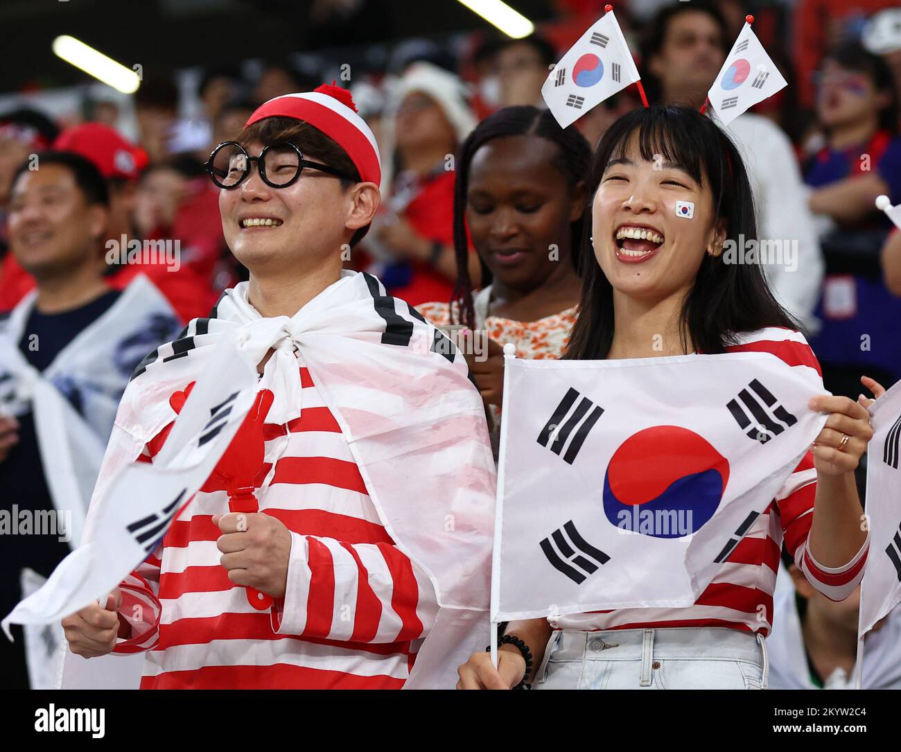 Ar Rayyan, Qatar, 2nd December 2022. Korean fans pose for selfies ...