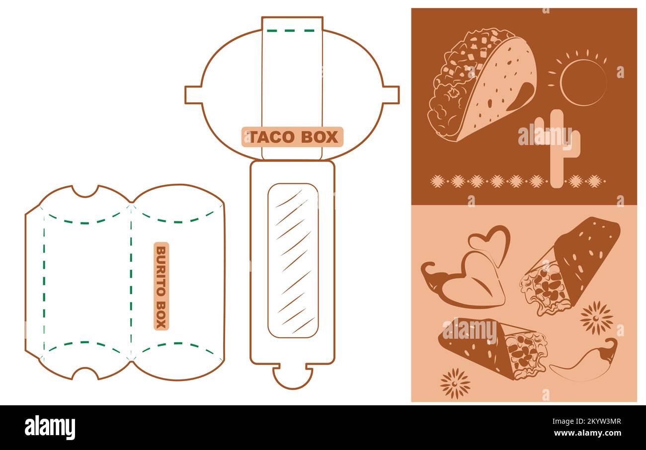 Packing box to go for burritos and tacos with flat illustrations Stock ...