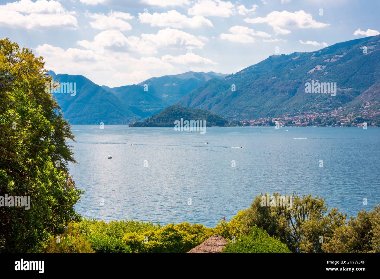 Lake Como. Natural landscape with trees and mountains by lake Stock ...