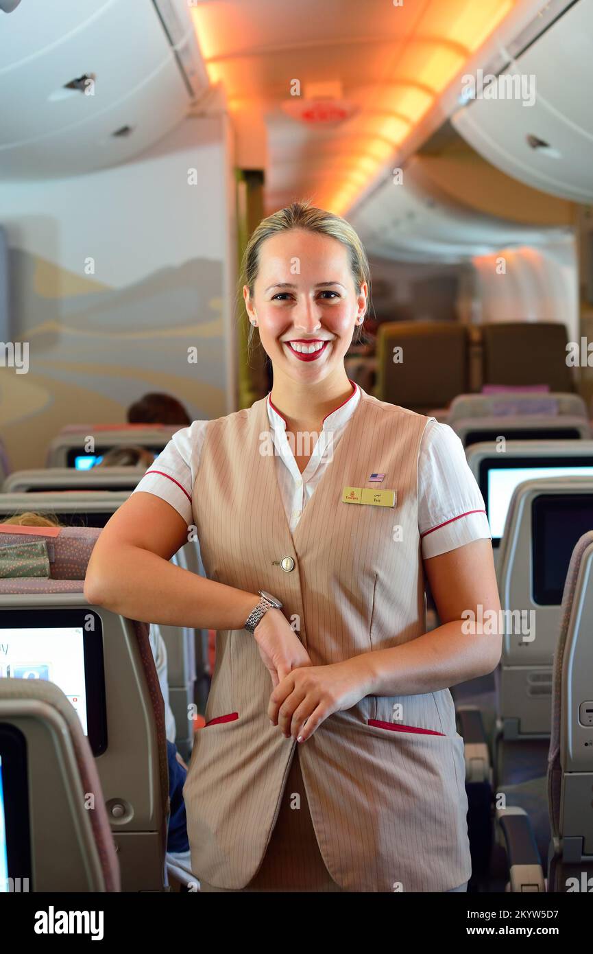 DUBAI - NOVEMBER 17, 2015: Emirates crew member on board of Airbus A380 ...