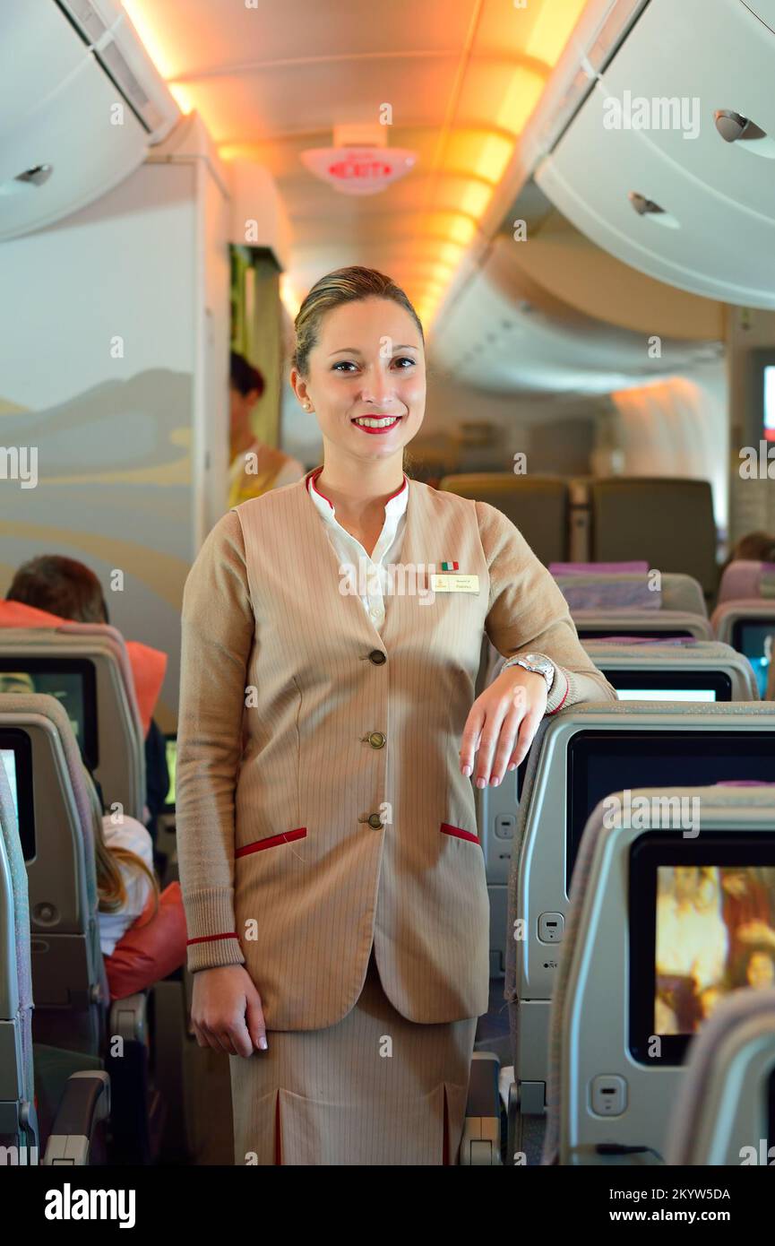 DUBAI - NOVEMBER 17, 2015: Emirates crew member on board of Airbus A380 ...