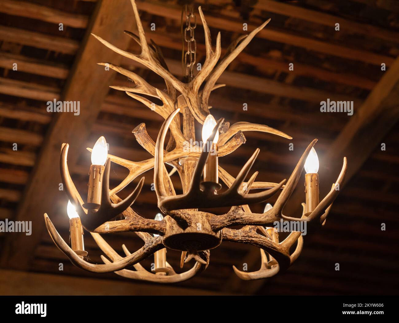 Original ceiling lamp with candle lamps and deer antlers Stock Photo ...