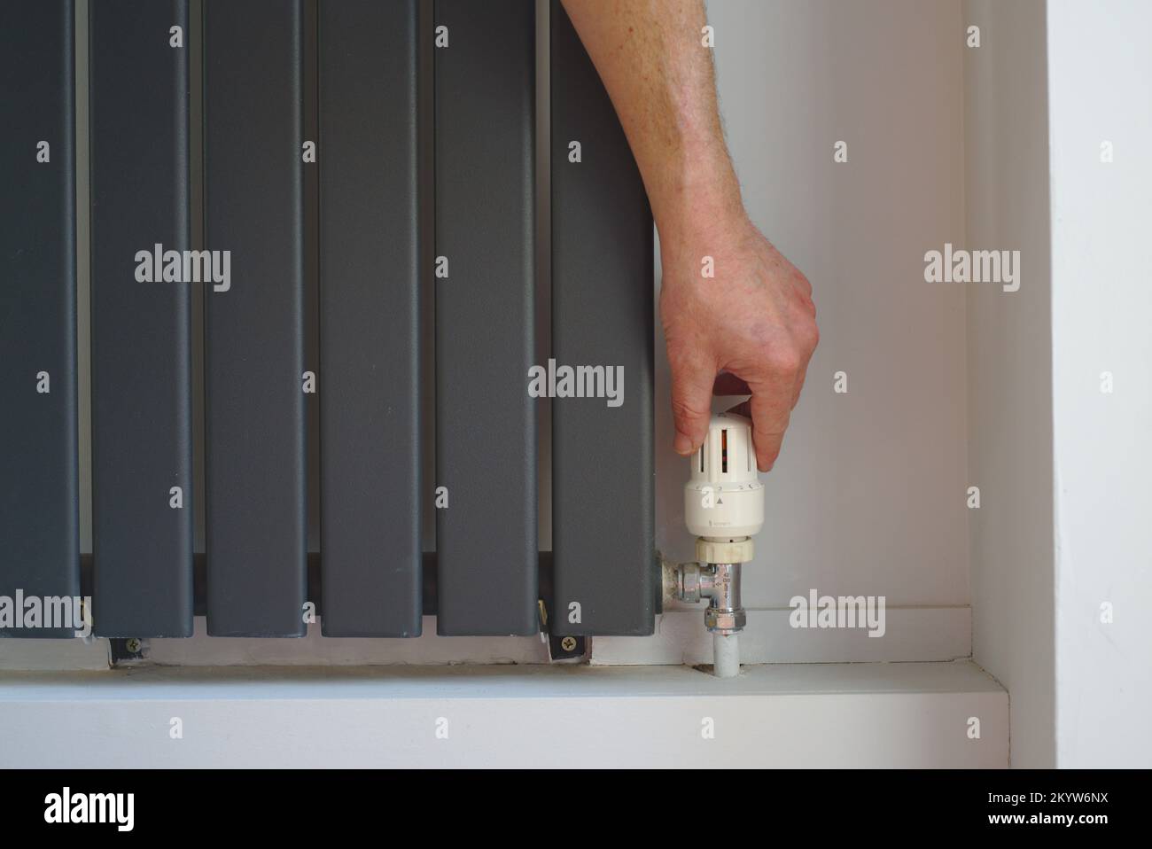 Adjusting radiator thermostat to control room heating costs Stock Photo ...