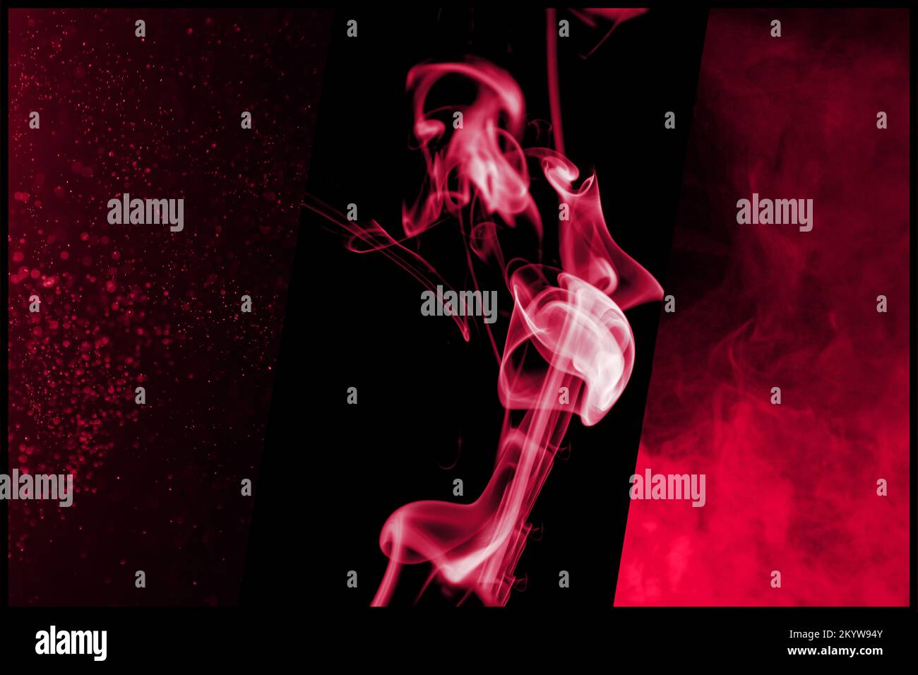 Collage of photo of wisp of smoke on black background in magenta ...