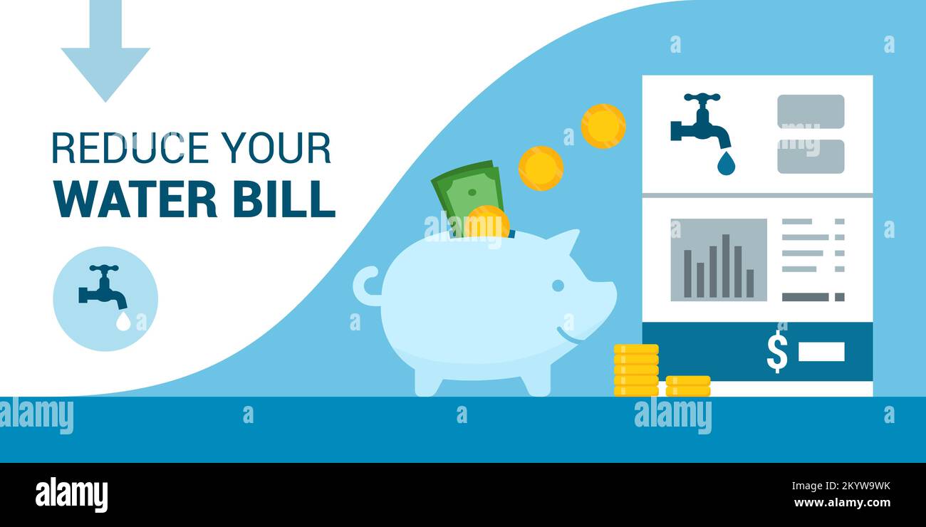 Save money on your water bill, piggy bank and utility bill, banner with ...