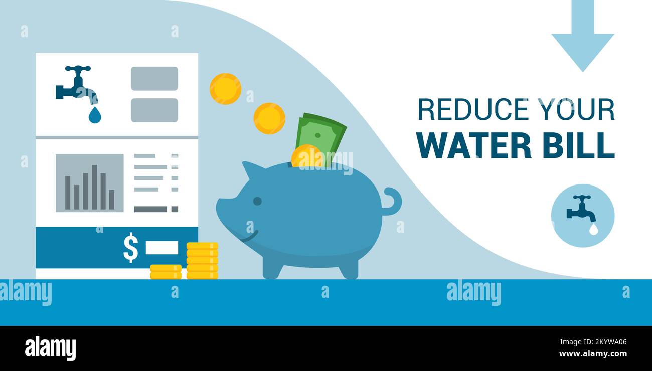 Save money on your water bill, piggy bank and utility bill, banner with ...