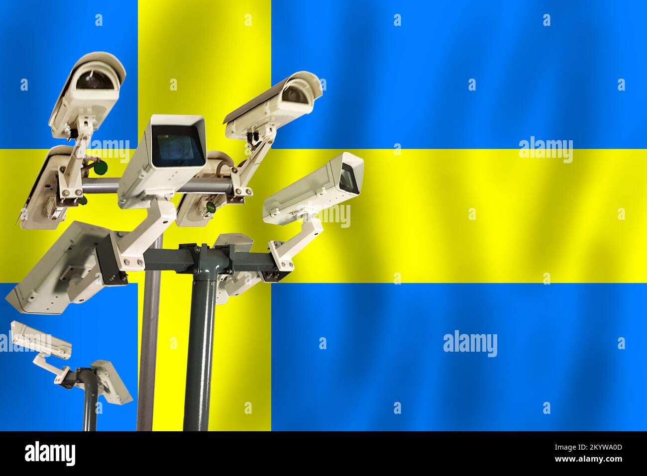 Swedish CCTV camera on the flag of Sweden. Surveillance, security ...