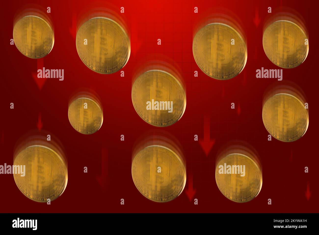 Blurred falling Bitcoin with falling arrows against red background ...