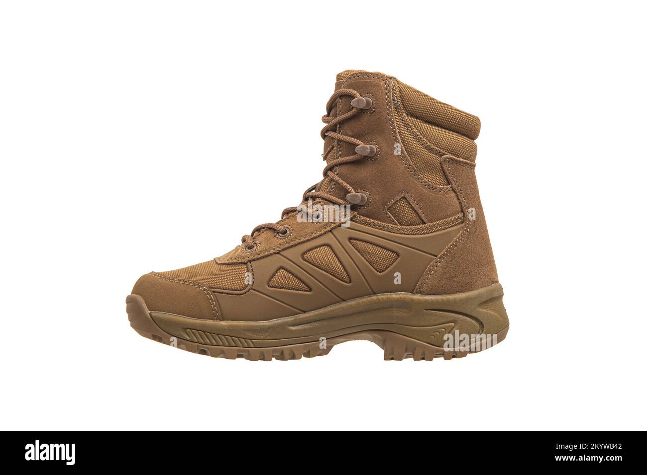 Modern army combat boots. New desert beige shoes. Isolate on a white ...