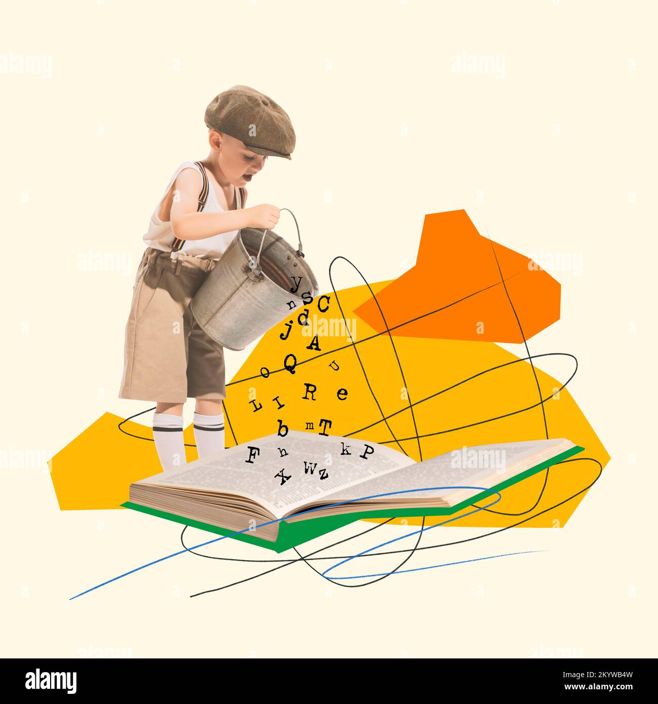 Contemporary art collage. Little boy, child pouring letters from basket ...