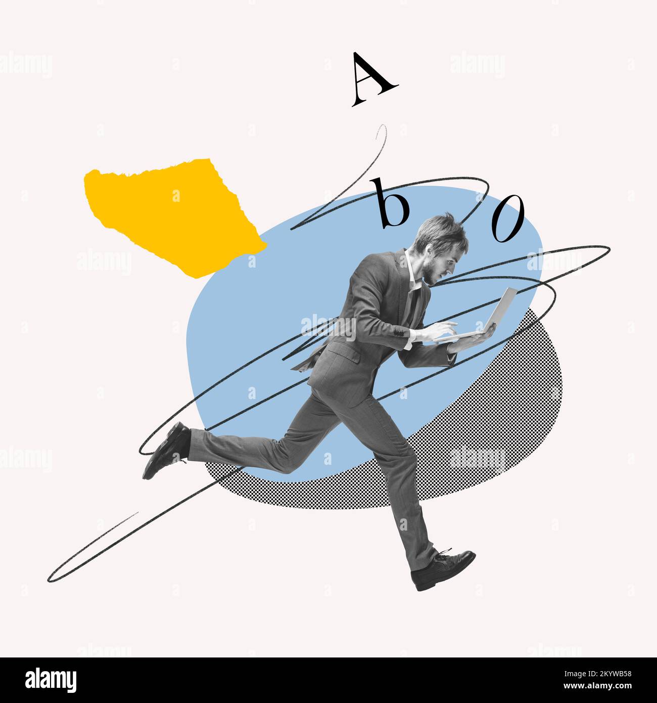 Contemporary art collage. Young concentrated man, student running with ...