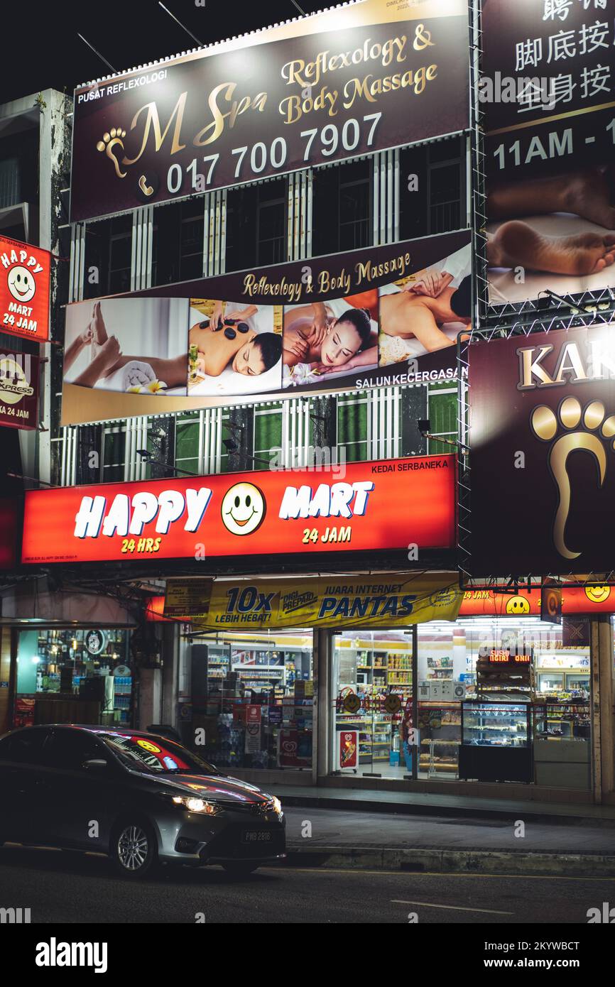 Georgetown Penang, at night Happy Mart Stock Photo - Alamy