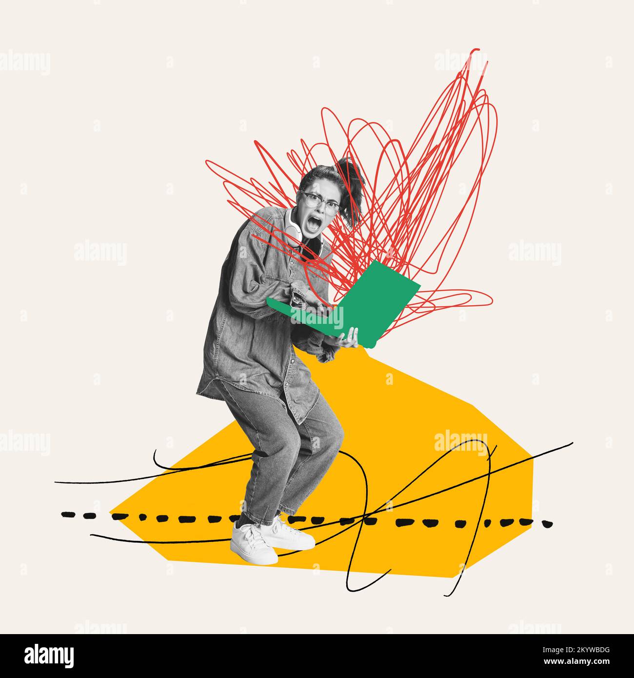 Contemporary art collage. Young emotive girl, student fast typing on ...