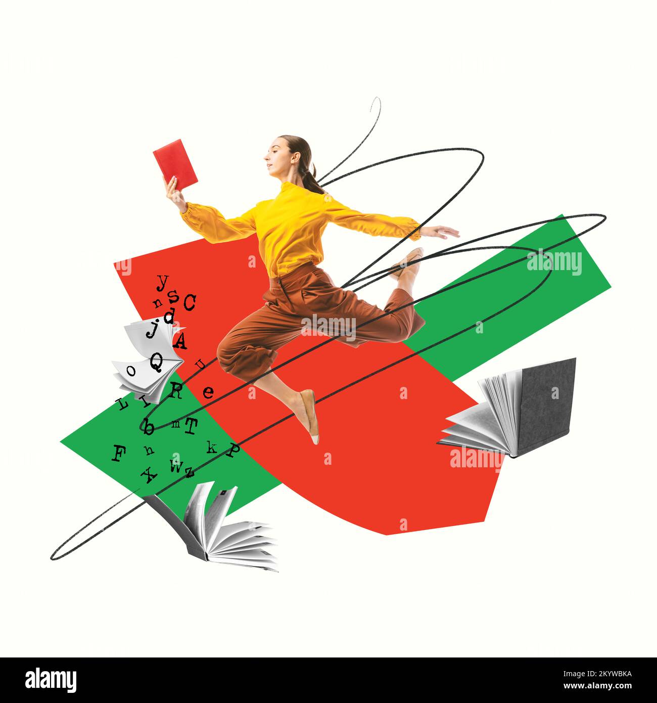 Contemporary art collage. Young girl reading books in a jump, actively ...