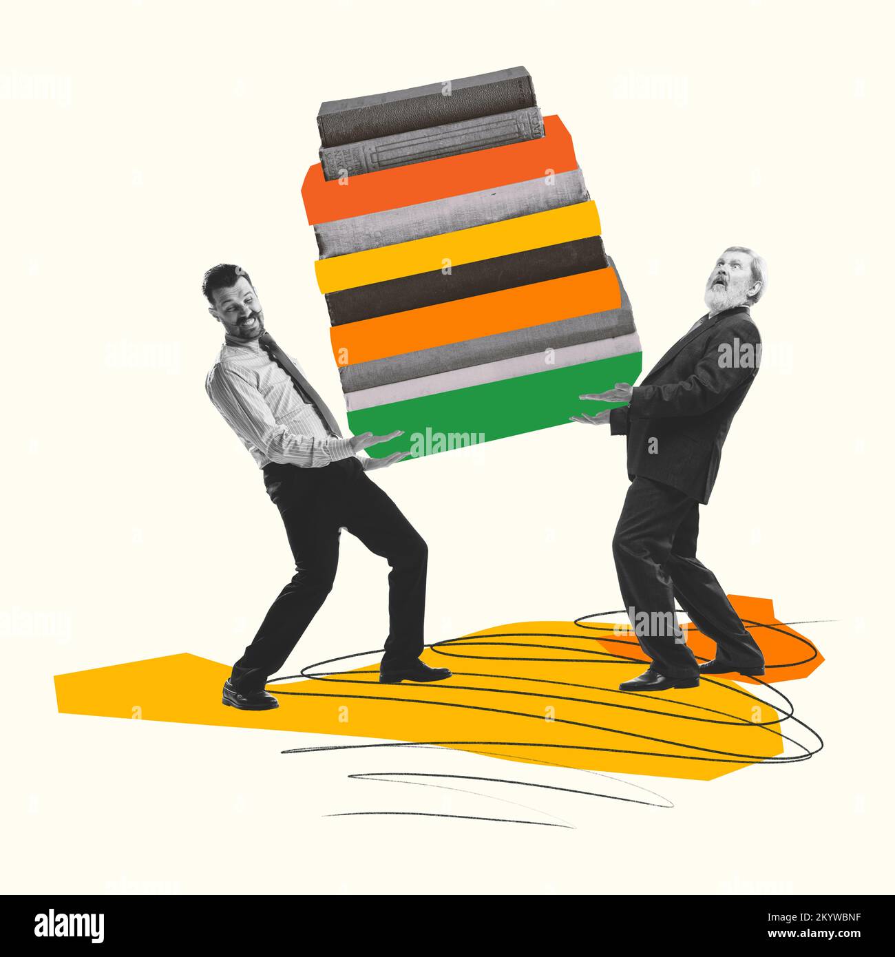 Contemporary art collage. Two men carrying many books. School and ...