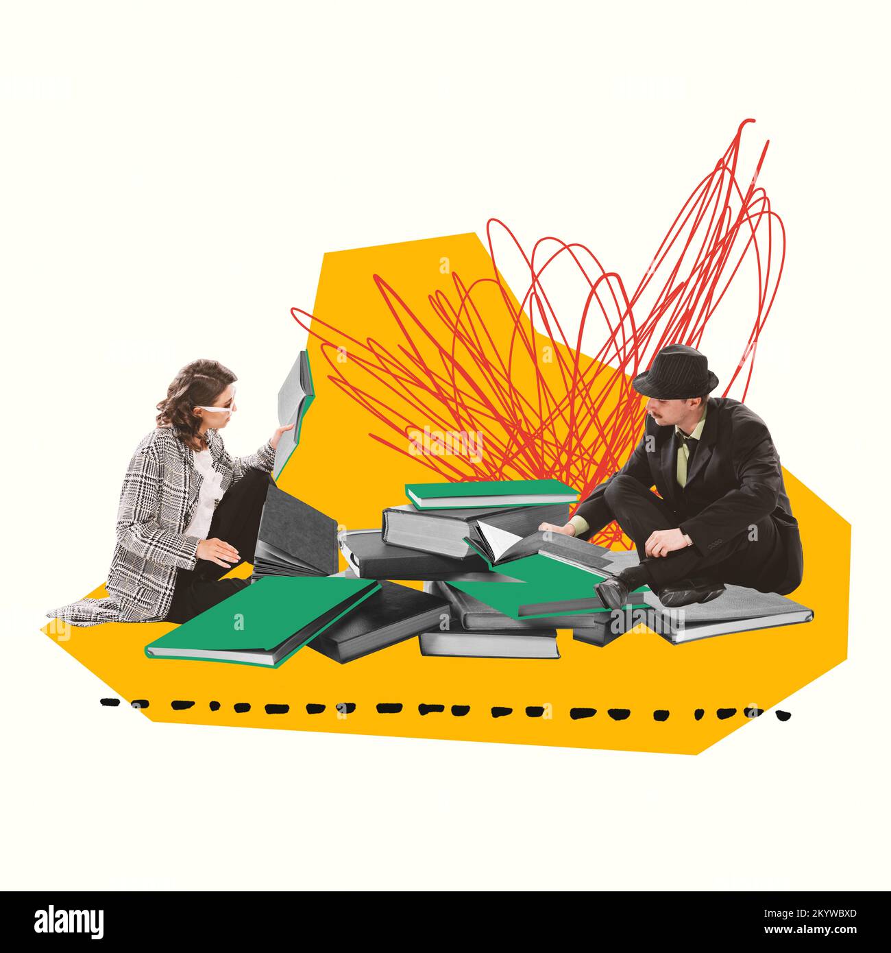 Contemporary art collage. Young people, student, man and woman sitting ...