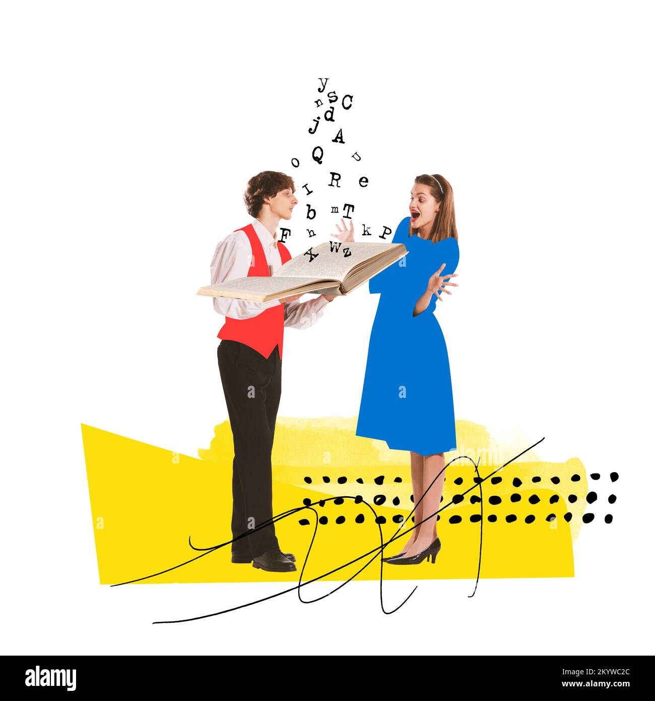 Contemporary art collage. Young people, man and woman, students with ...