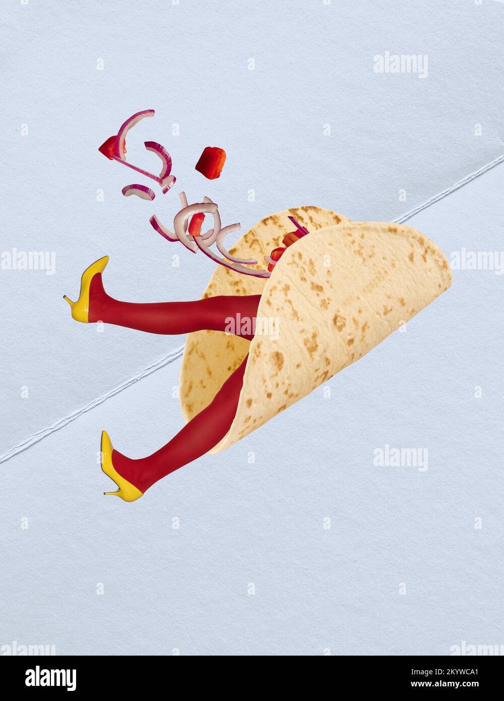 Contemporary art collage. Female legs in red tights and yellow heels ...