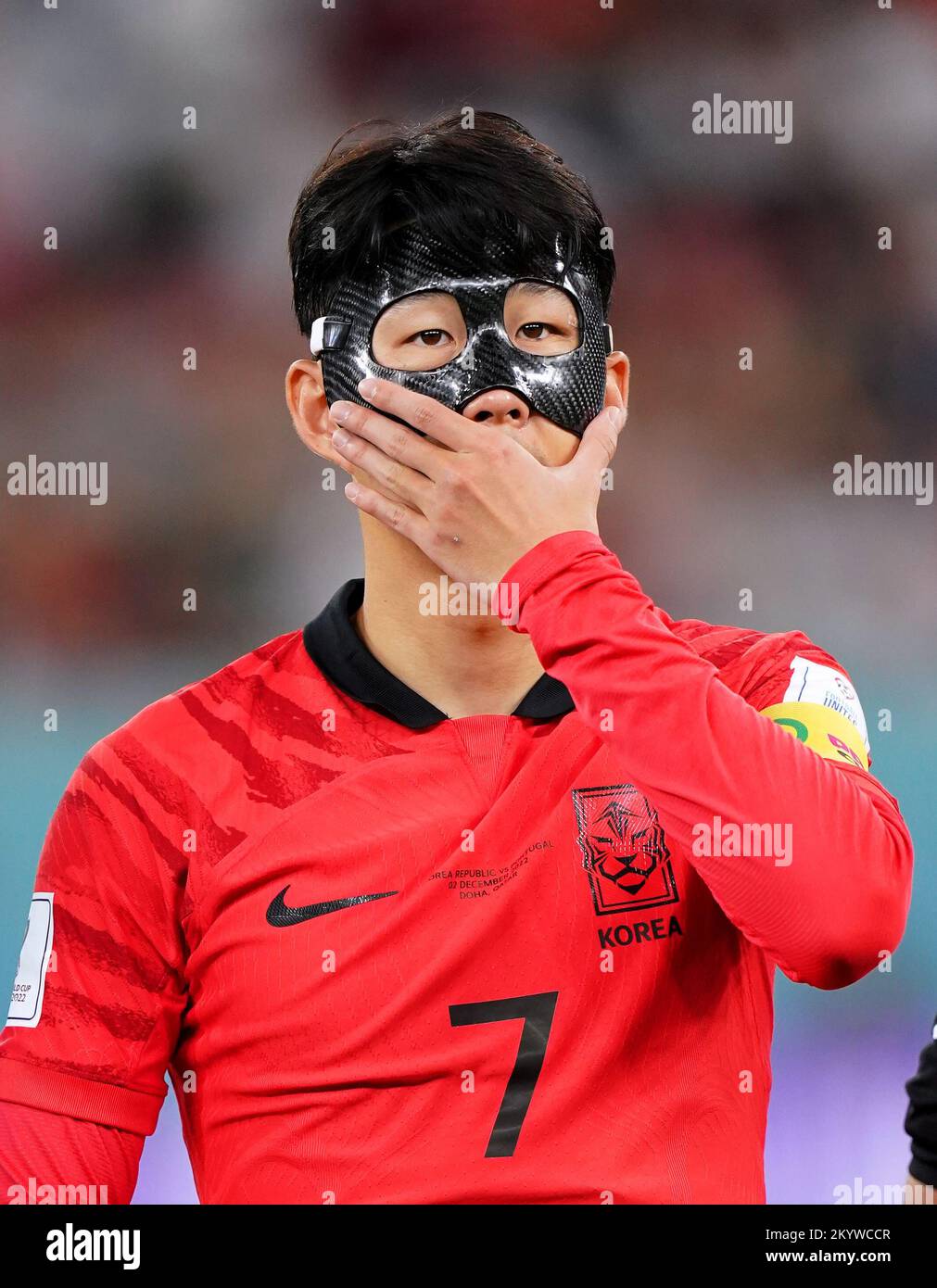 South Korea's Son Heung-min lines up on the pitch ahead of the FIFA ...