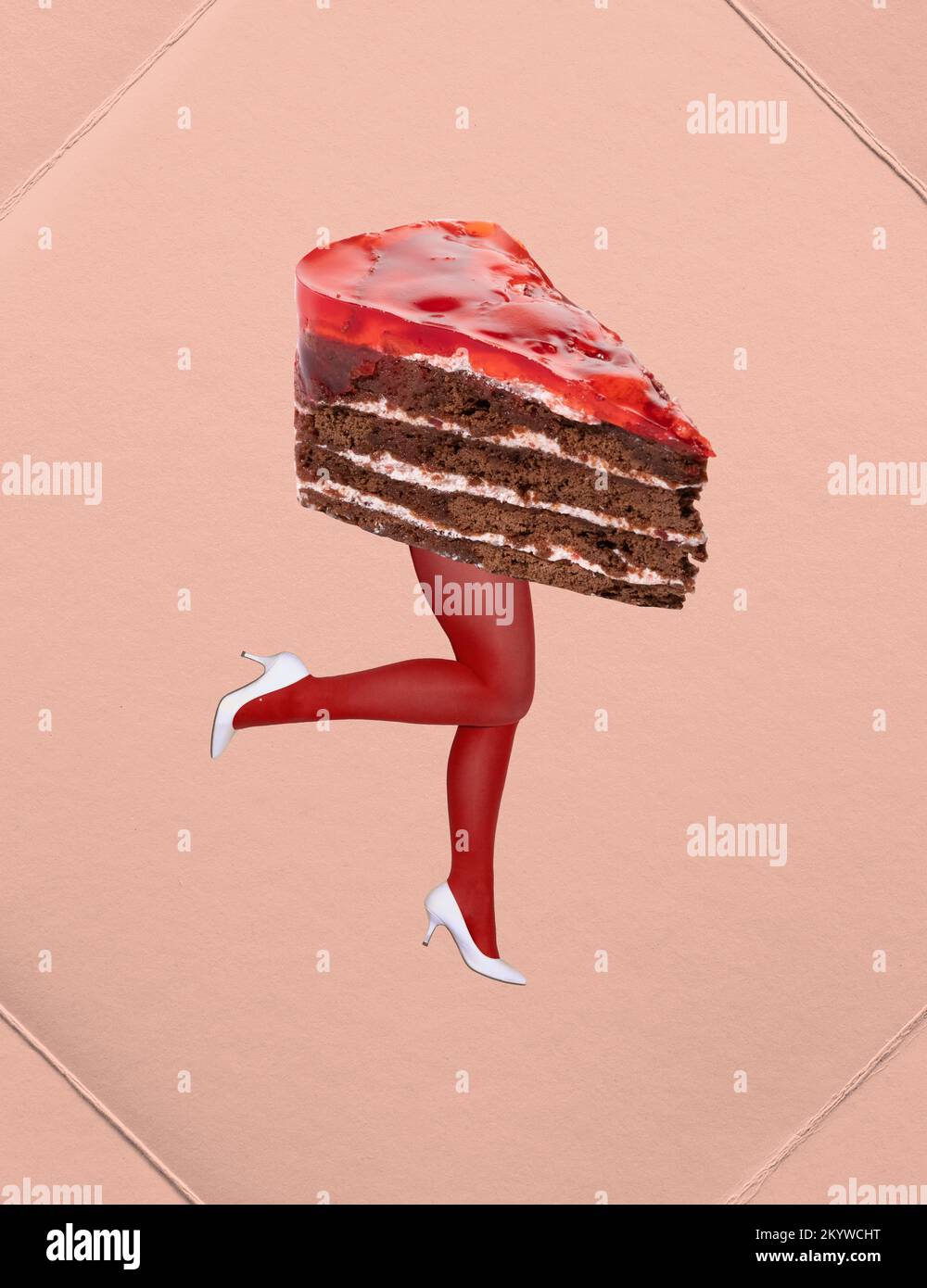 Contemporary art collage. Female legs in red tights with delicious cake ...
