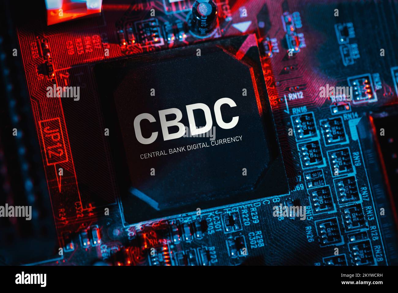 CBDC - central bank digital currency technology. Computer chip on ...