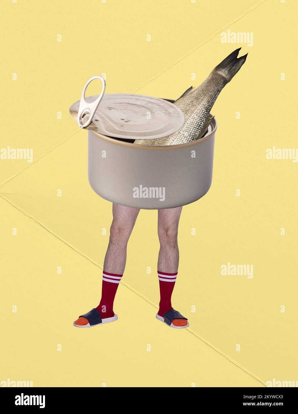 Contemporary art collage. Male legs in socks and slippers with canned ...