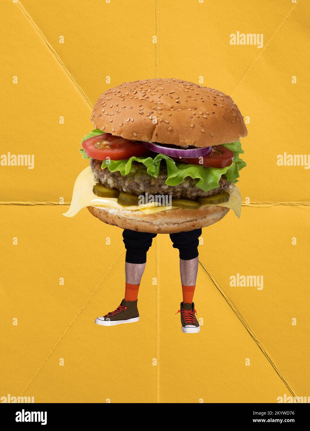 Contemporary art collage. Male legs in sneakers with delicious burger ...