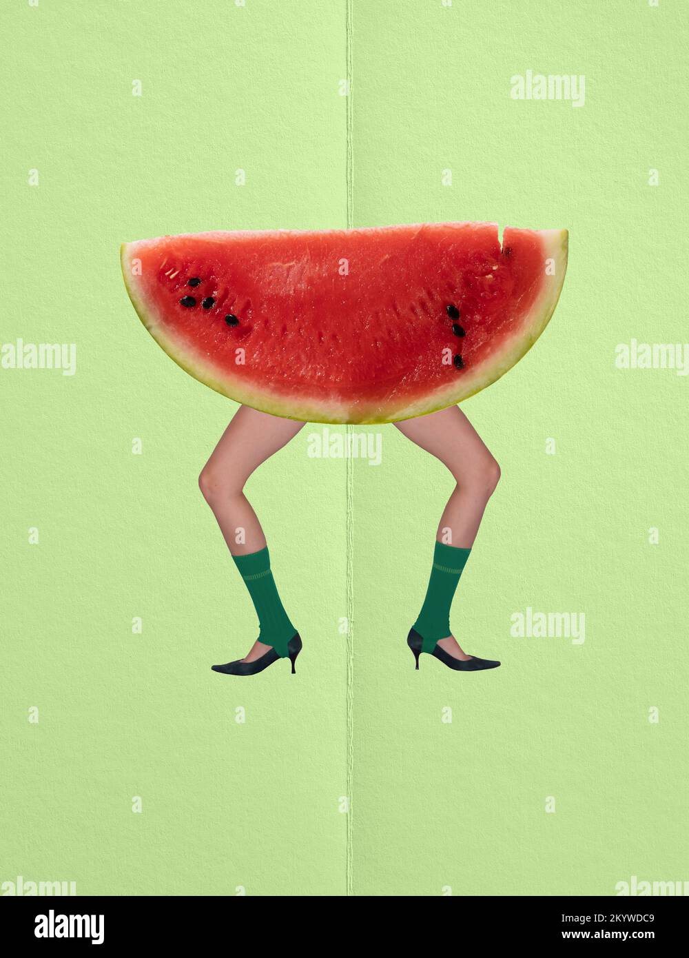 Contemporary art collage. Female legs on heels with sweet watermelon ...