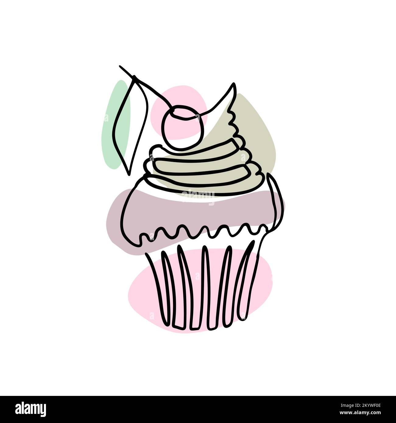 Single line drawing of cupcake with cherry on top Stock Vector Image ...