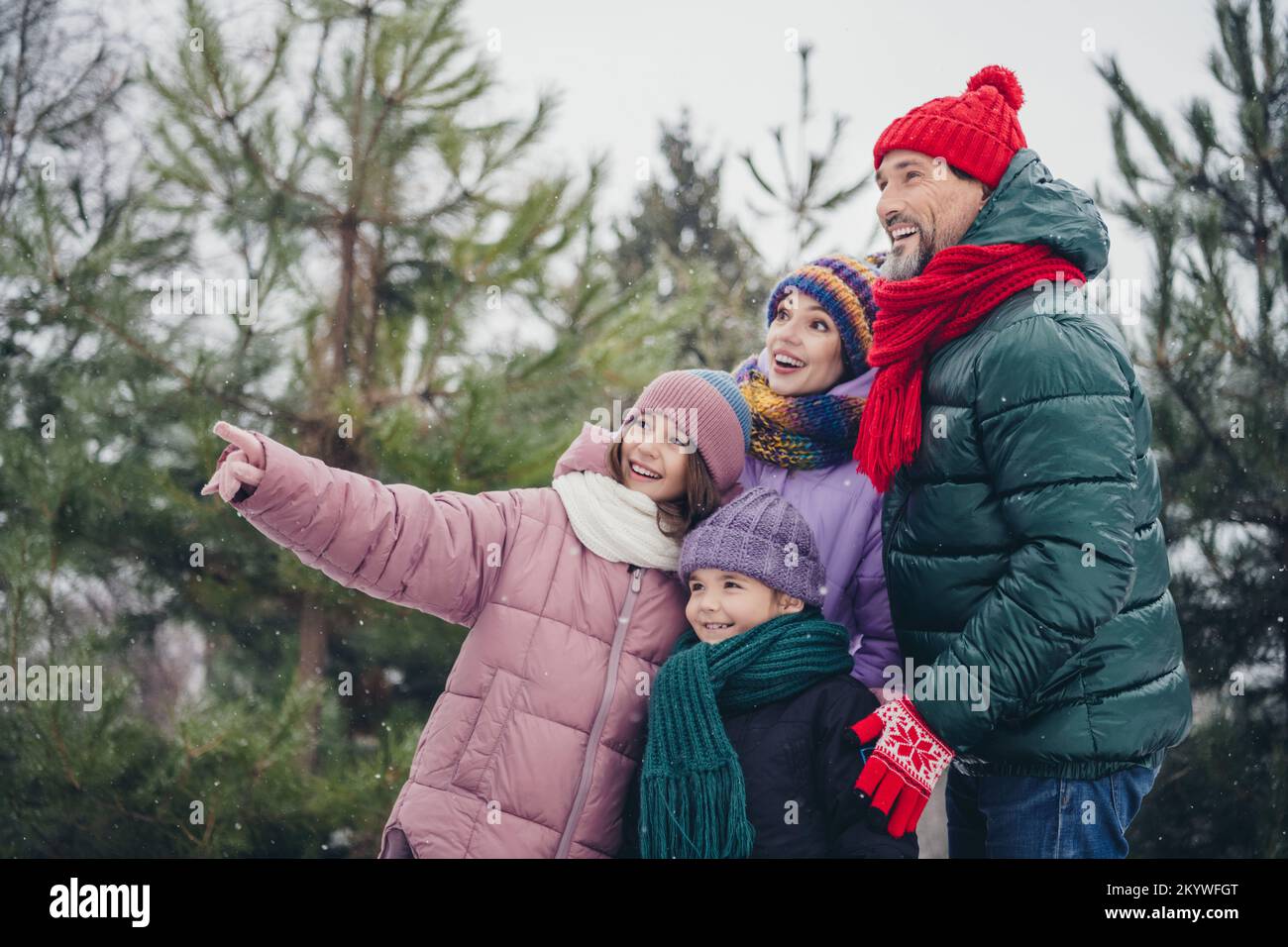Photo of sweet dreamy husband wife small kids wear windbreakers ...