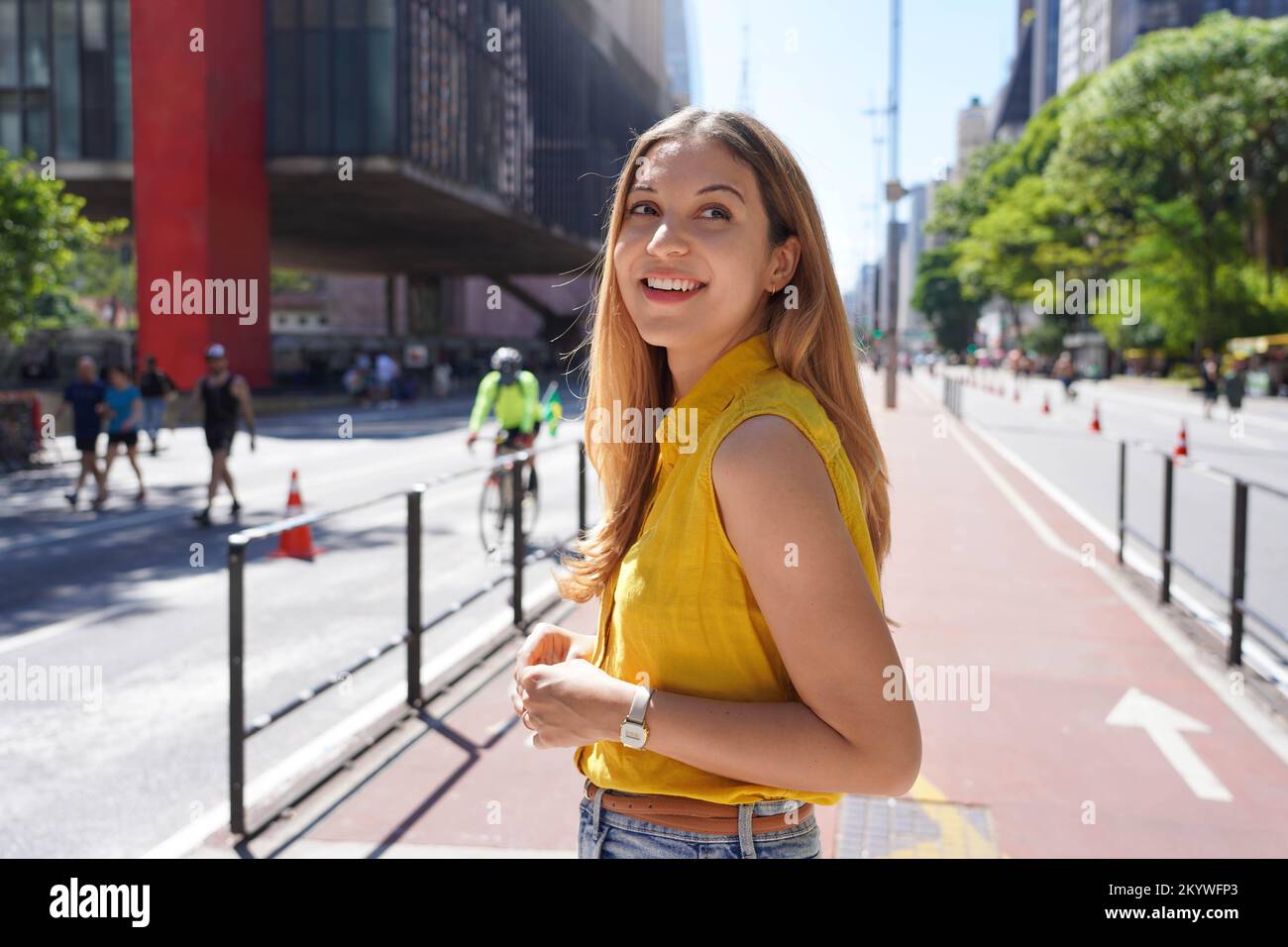 Young woman visiting Paulista Avenue in Sao Paulo, Brazil Stock Photo ...