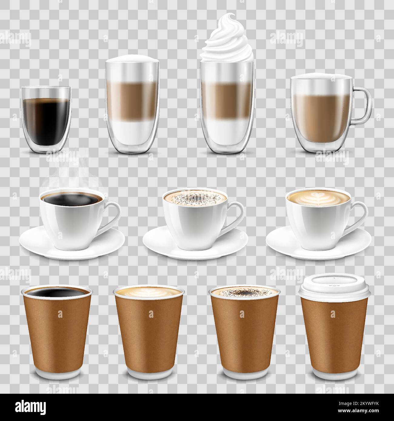 Coffee cup set, isolated on transparant background. Double walled glass ...