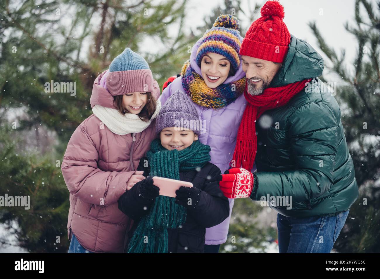 Photo of cheerful sweet husband wife small kid wear windbreaker ...