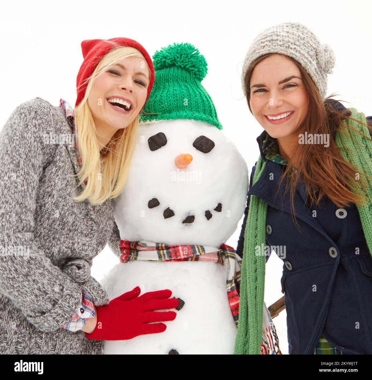 Christmas, women and snowman with snow and holiday celebration, xmas ...