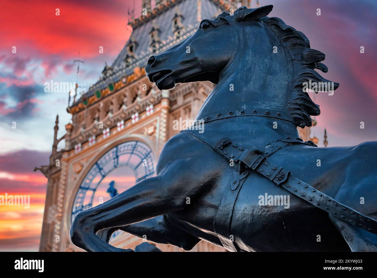 Close up view of the Big Ben clock tower and horse statue monument in ...