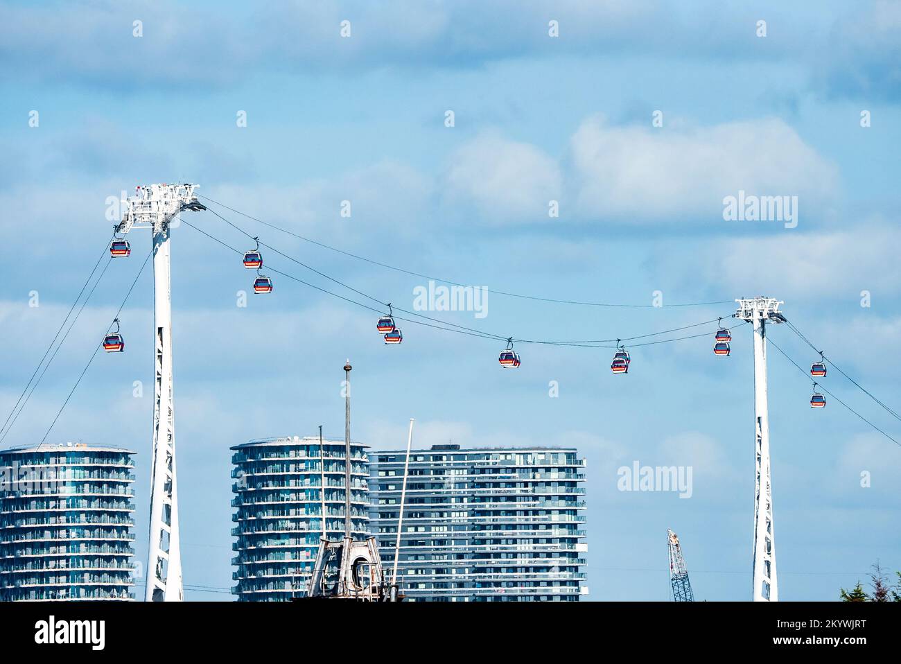 View of the Emirates Cable car in London England across river Thames ...