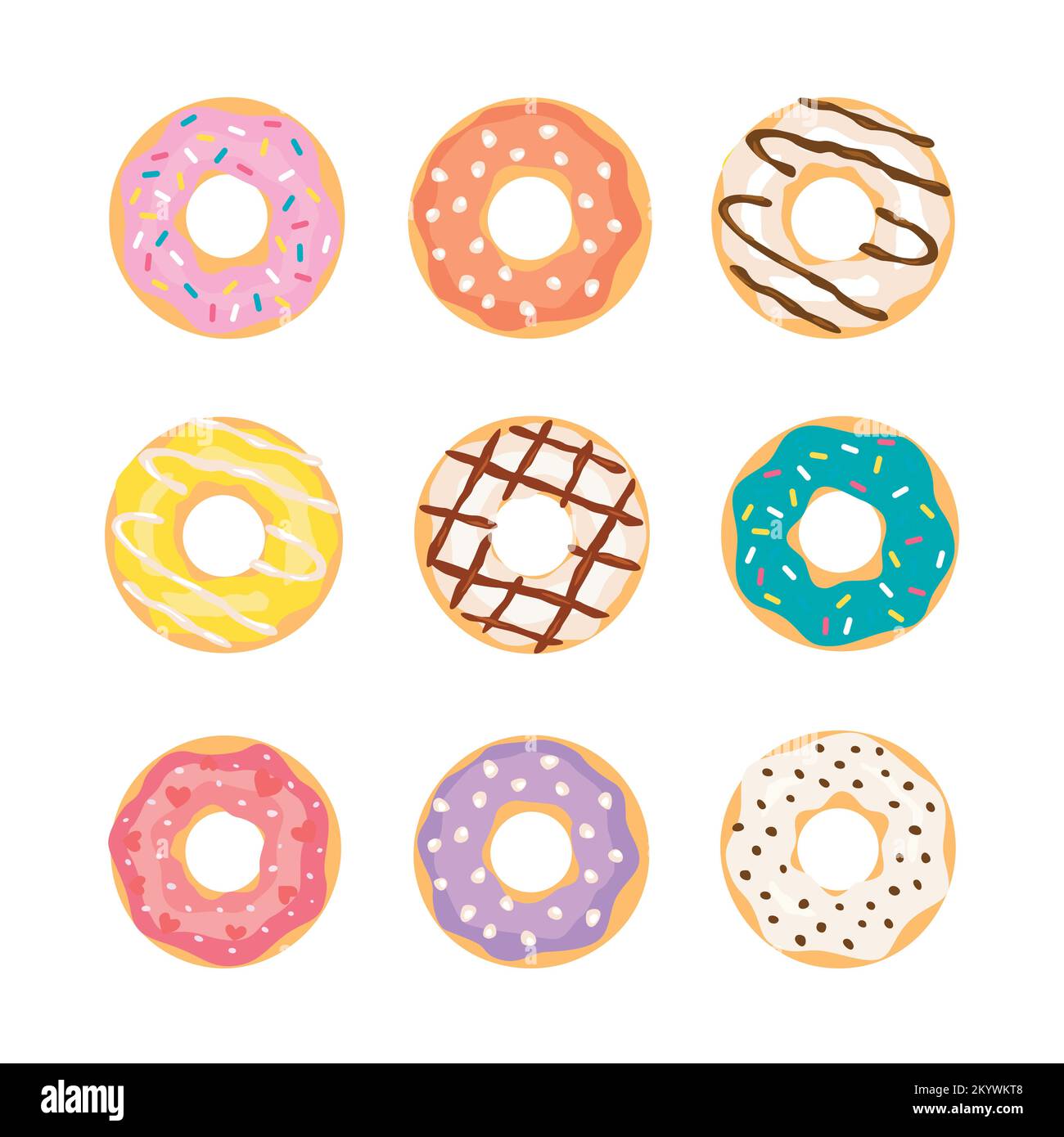 Set of cartoon colorful donuts. Top View Doughnuts collection into ...