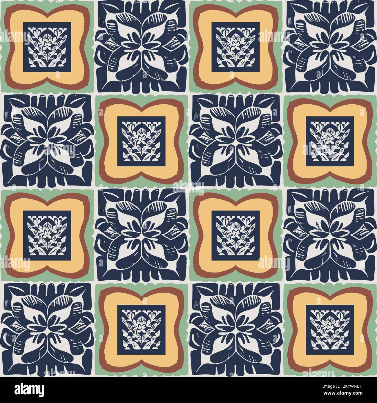 Hand drawn retro block print seamless pattern. Vector 80s vintage ...