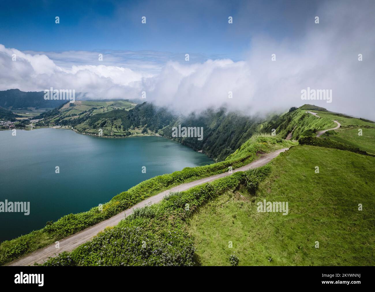 vibrant green landscape of Cete Cidades and Lagoa Azul, Azores Stock ...