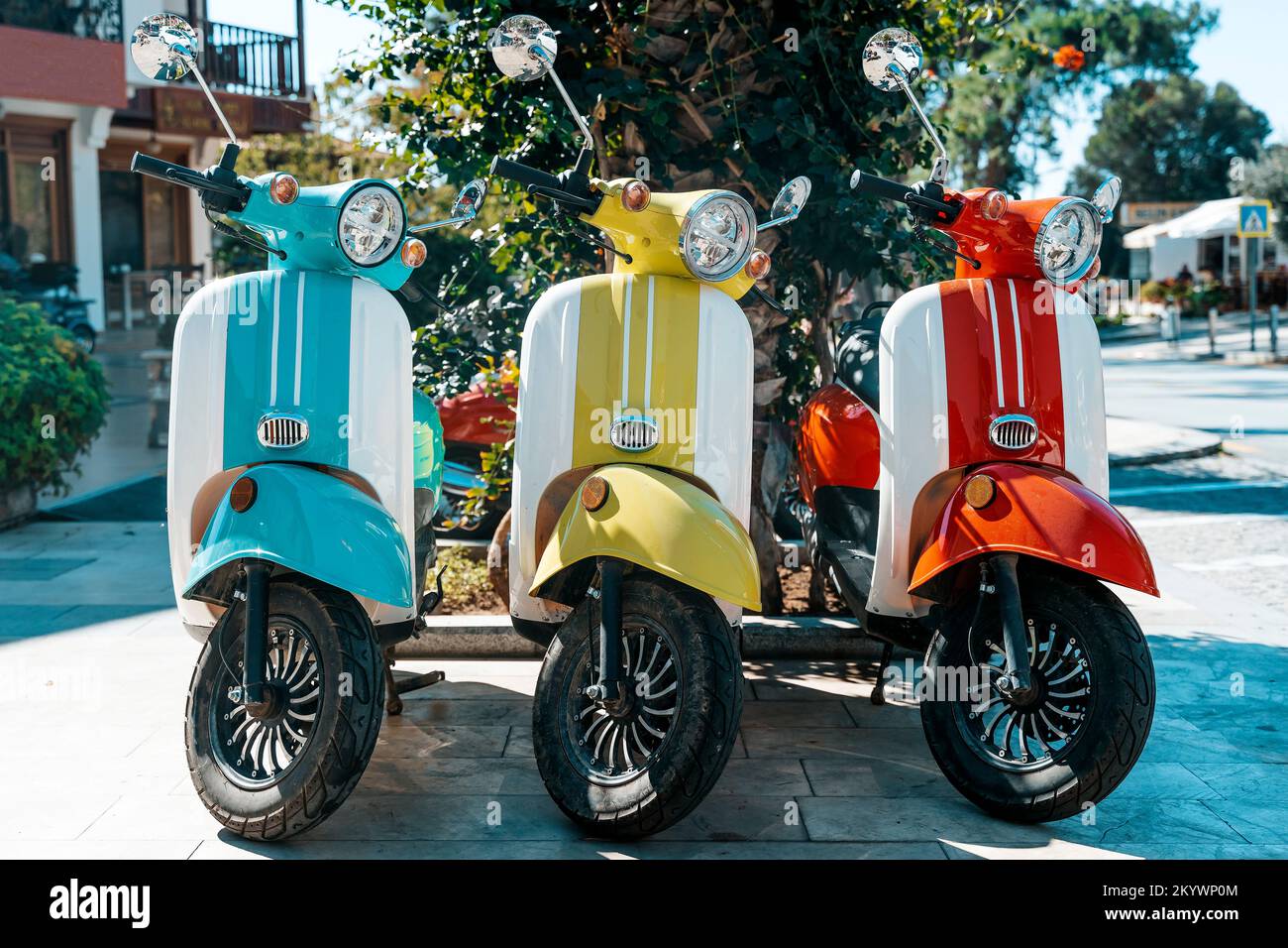 Scooter motorcycle on city street. Vintage classic retro scooters ...